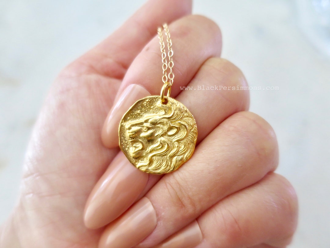 Ancient Lion Head Coin Necklace 24k Gold Plated Bronze Vermeil Charm ...