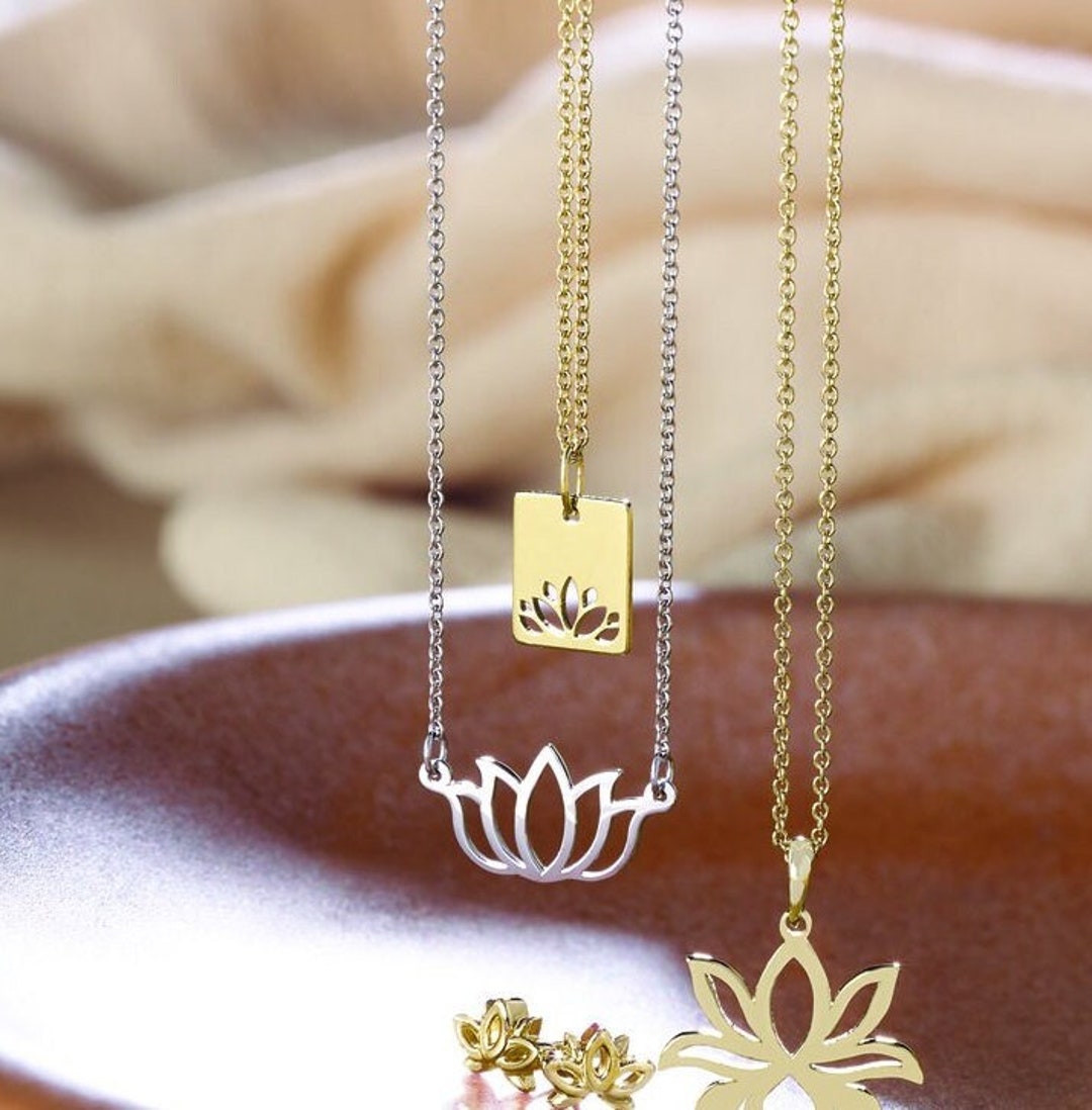 14k Yellow Gold Lotus Flower Renge Openwork Rectangle Pendant Necklace ...
