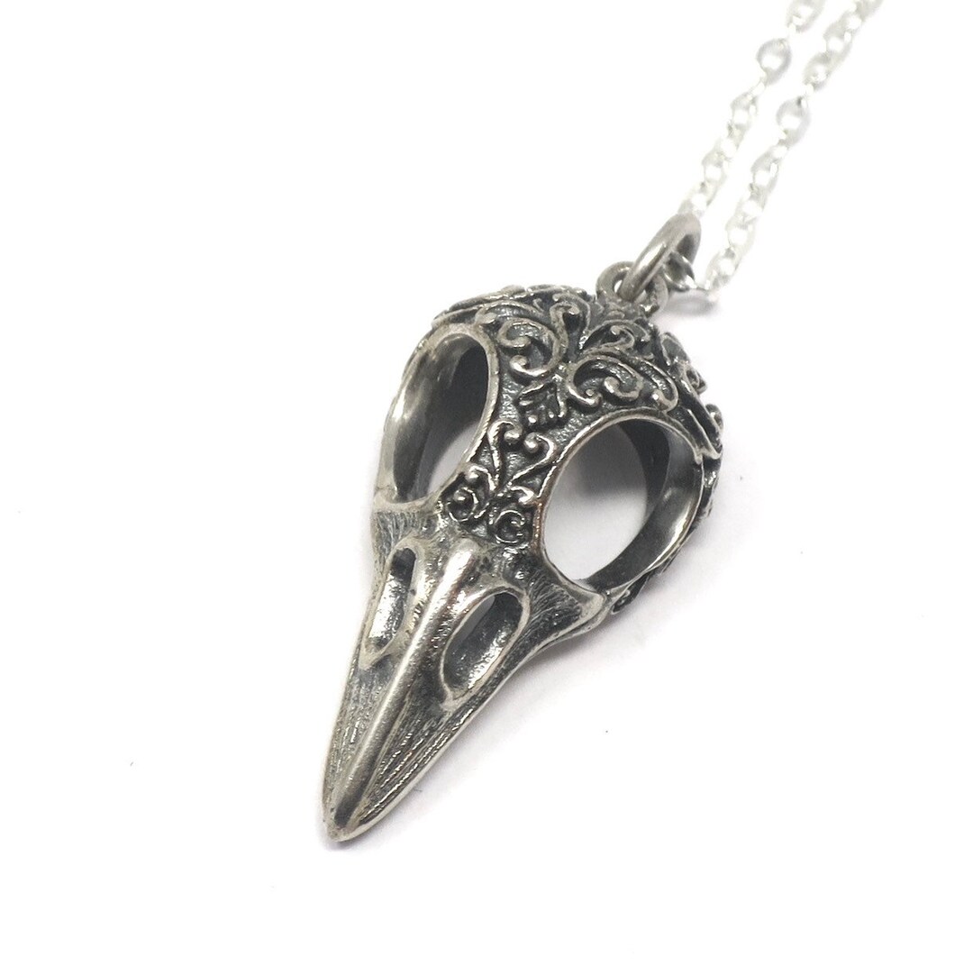 Solid 925 Sterling Silver Raven Bird Skull Charm With Scroll Carving ...