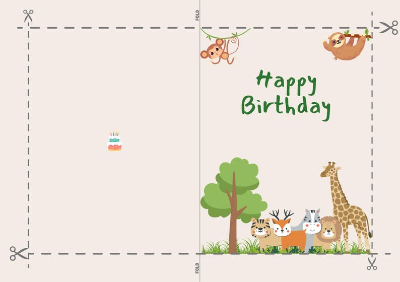 Traceable Birthday Greeting Card for Kids Jungle Animal Design Digital ...