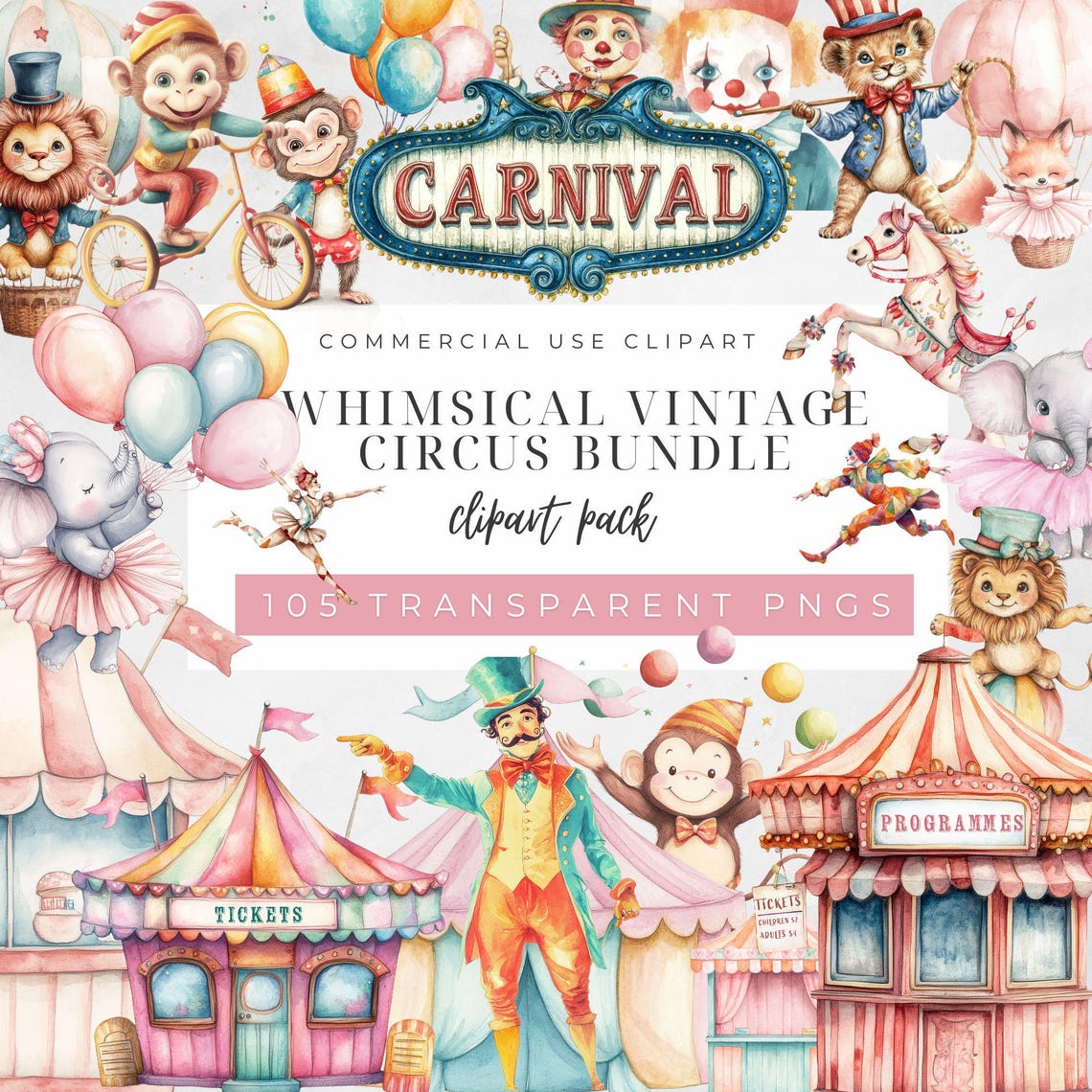 Vintage Circus Clipart Bundle: 105 Watercolor Pngs (digital Download ...