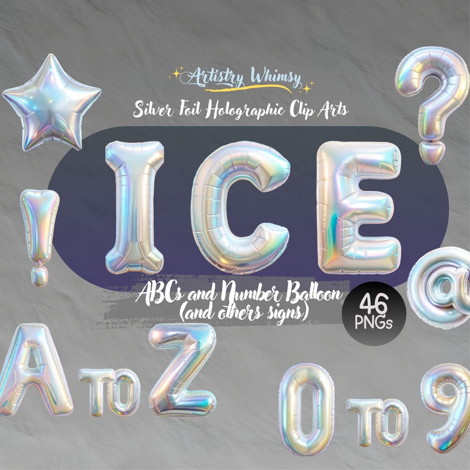 Abcs Letter and Numbers Silver Foil Holographic Clip Arts 46 PNG ...