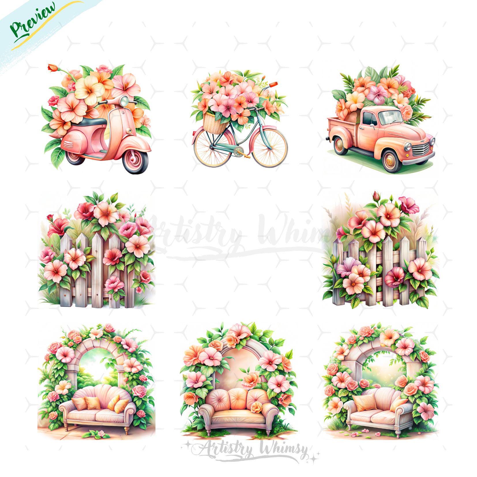 Watercolor Hibiscus Flower Garden Bundle Set 2 24 JPG, Clipart Bundle ...