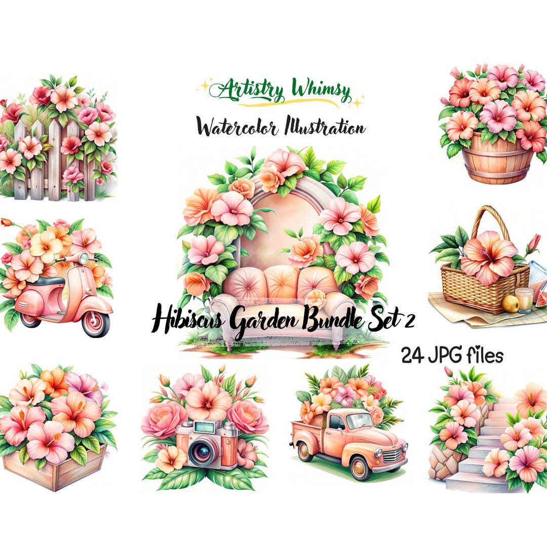Watercolor Hibiscus Flower Garden Bundle Set 2 24 JPG, Clipart Bundle ...