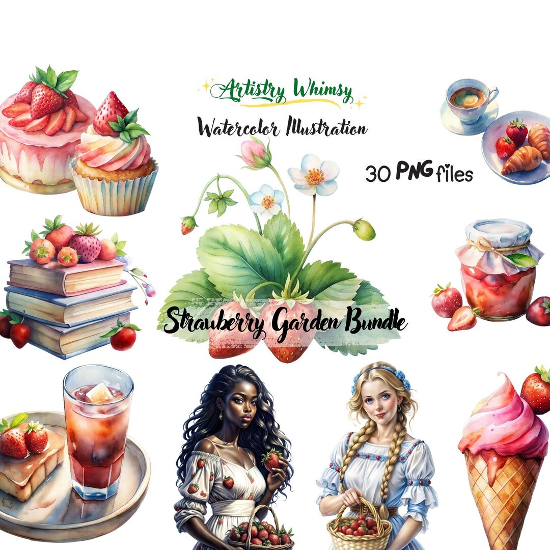 Watercolor Strawberry Garden Bundle PNG, Clipart Bundle, Berries Clip ...