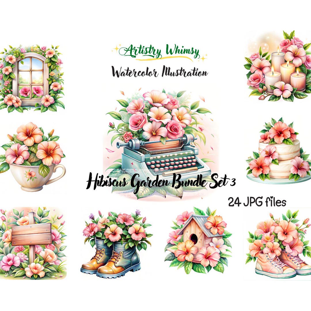 Watercolor Hibiscus Flower Garden Bundle Set 3 24 JPG, Clipart Bundle ...