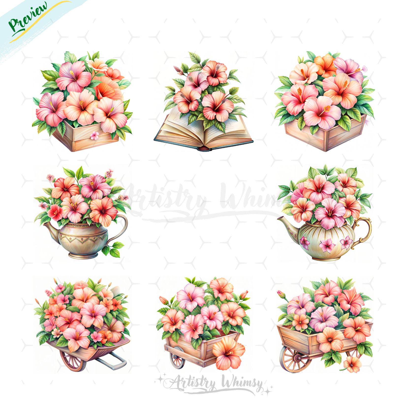 Watercolor Hibiscus Flower Garden Bundle Set 2 24 JPG, Clipart Bundle ...