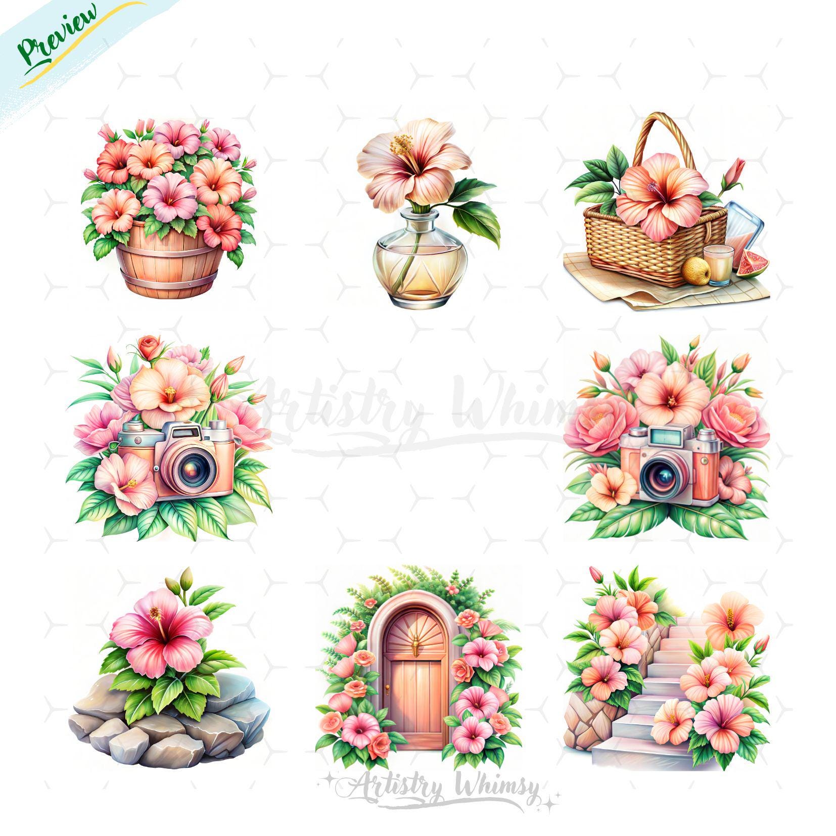 Watercolor Hibiscus Flower Garden Bundle Set 2 24 JPG, Clipart Bundle ...