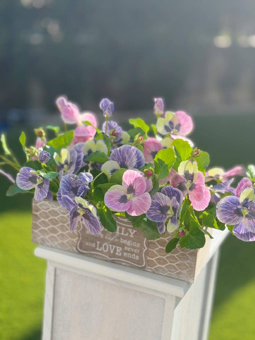 Silk Pansies in Wooden Planter | Spring Home Decor & Gift – Realistic ...