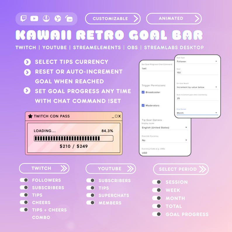 Twitch Goal Bar Widget for Streamelements OBS Youtube | Cute Animated ...