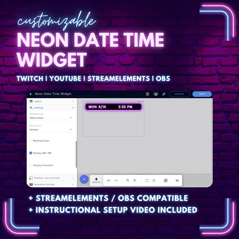 Neon Date Time Clock Widget for Twitch Youtube | Glowing Stream Clock ...