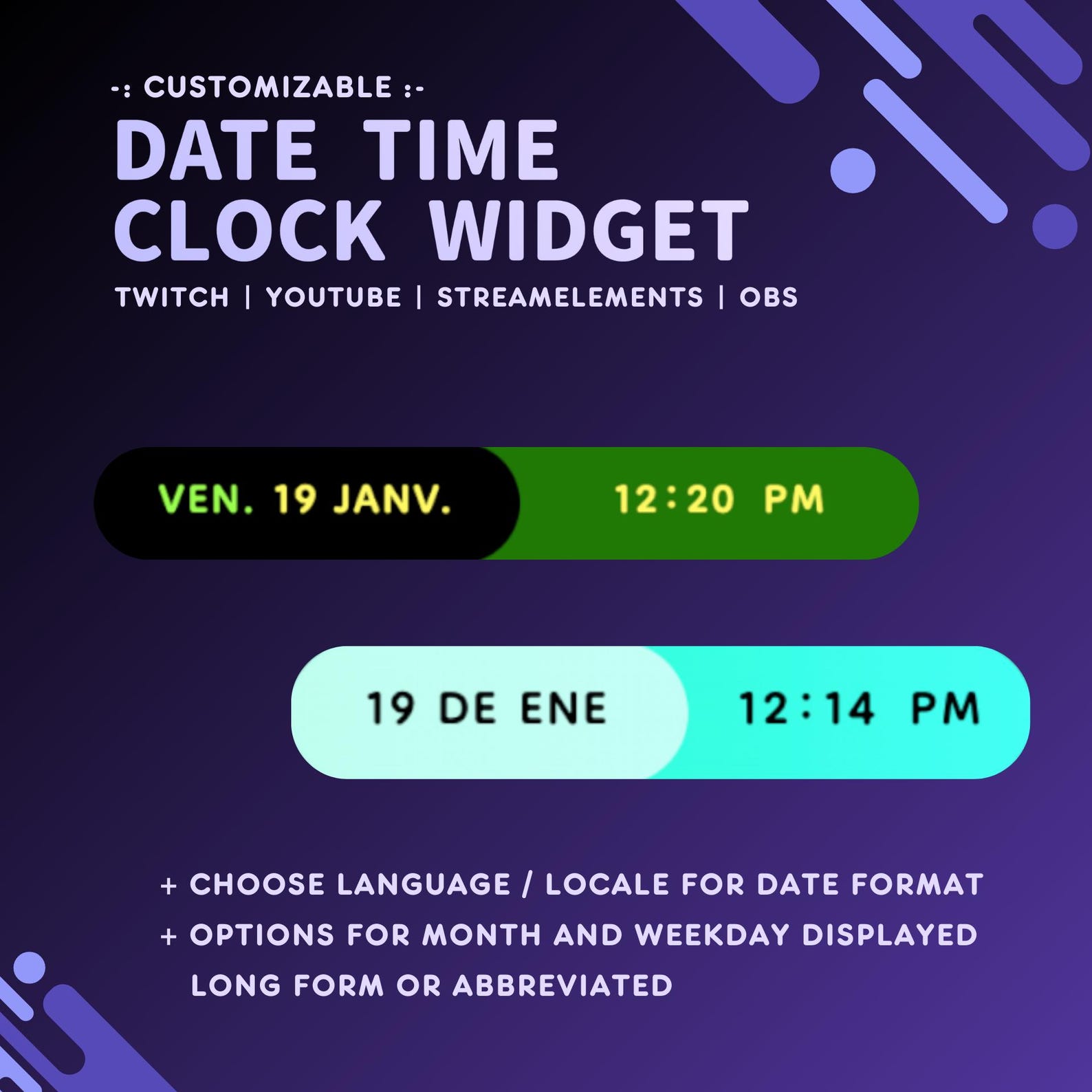 Date Time Clock Widget for Twitch Youtube | Customizable Stream Clock ...