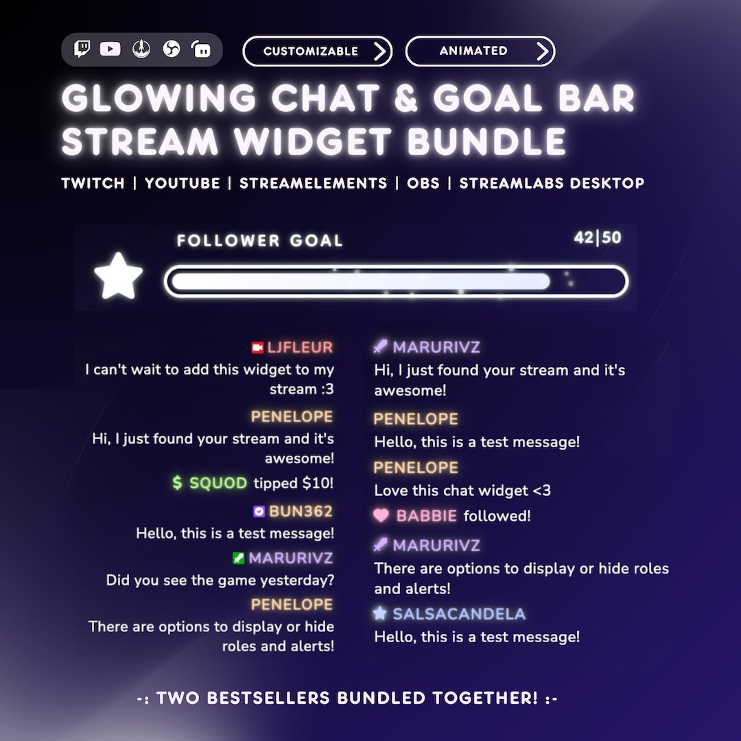 Minimalist Glowing Chat Alerts + Goal Bar Widget Bundle for Twitch ...