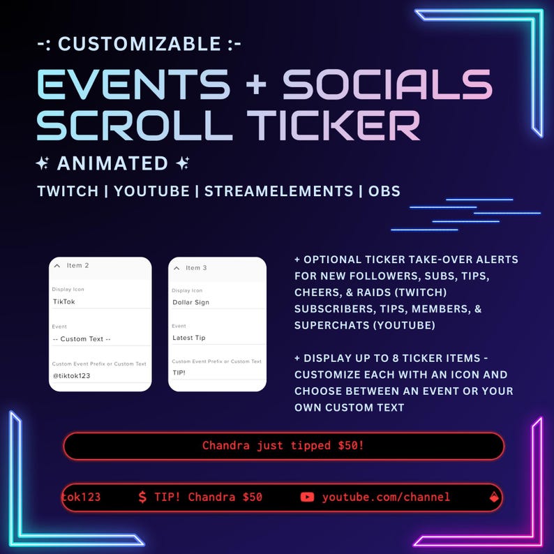 Events Socials Scroller Ticker Twitch Widget | Animated Gradient Events ...