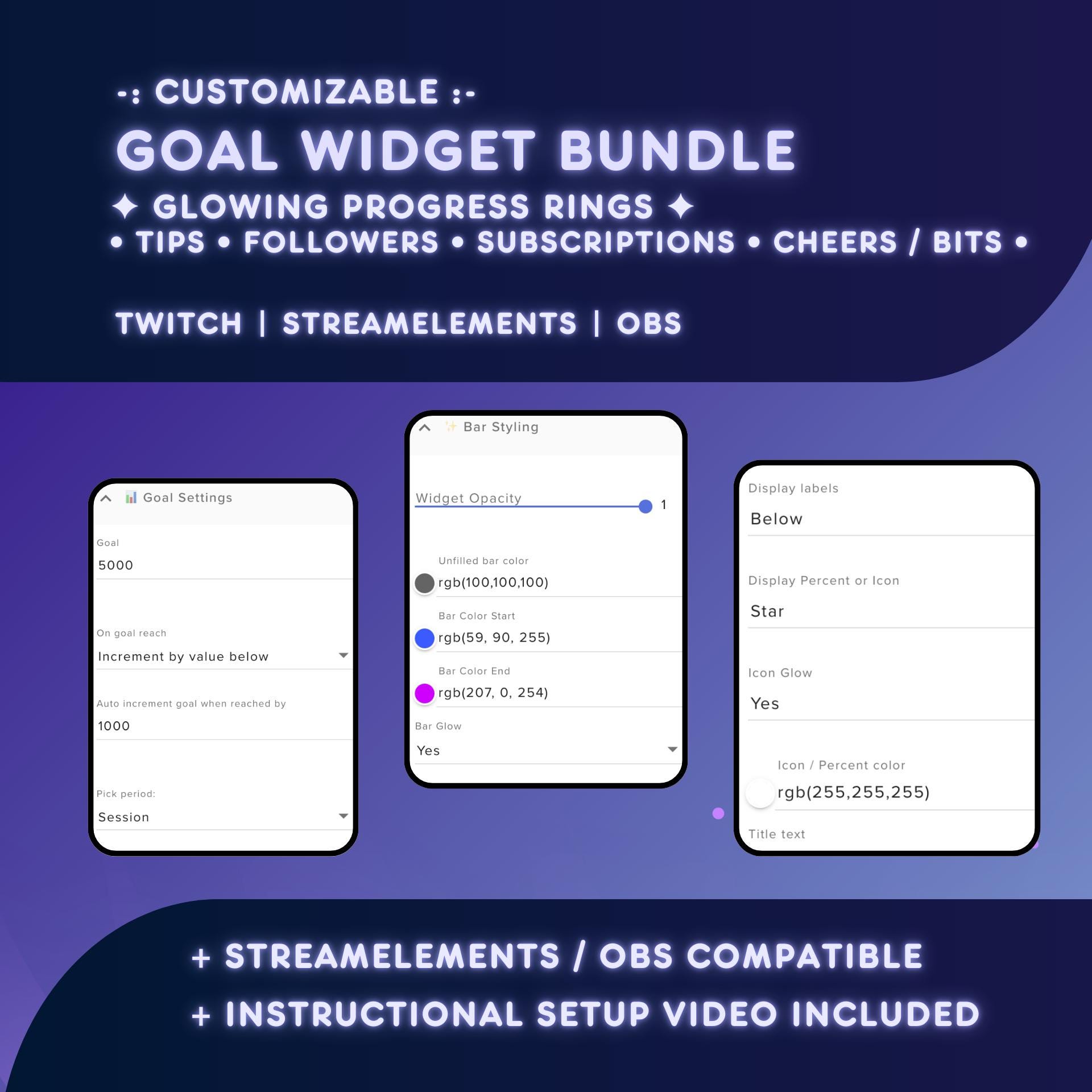 Twitch Goal Ring Widget Bundle Followers Subscribers Cheers Tips Glowing Circle Progress Rings ...