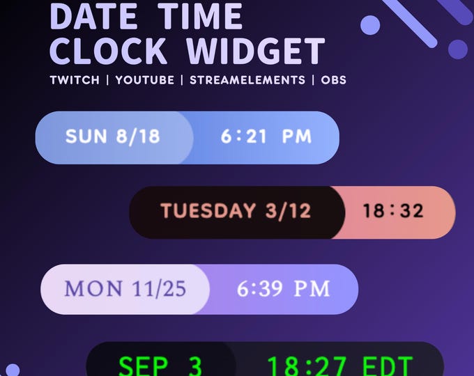 Customizable Time and Date Widget | for Twitch, Youtube and Facebook Streamers | Minimal ...