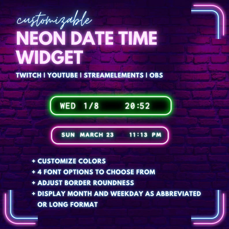Neon Date Time Clock Widget for Twitch Youtube | Glowing Stream Clock ...