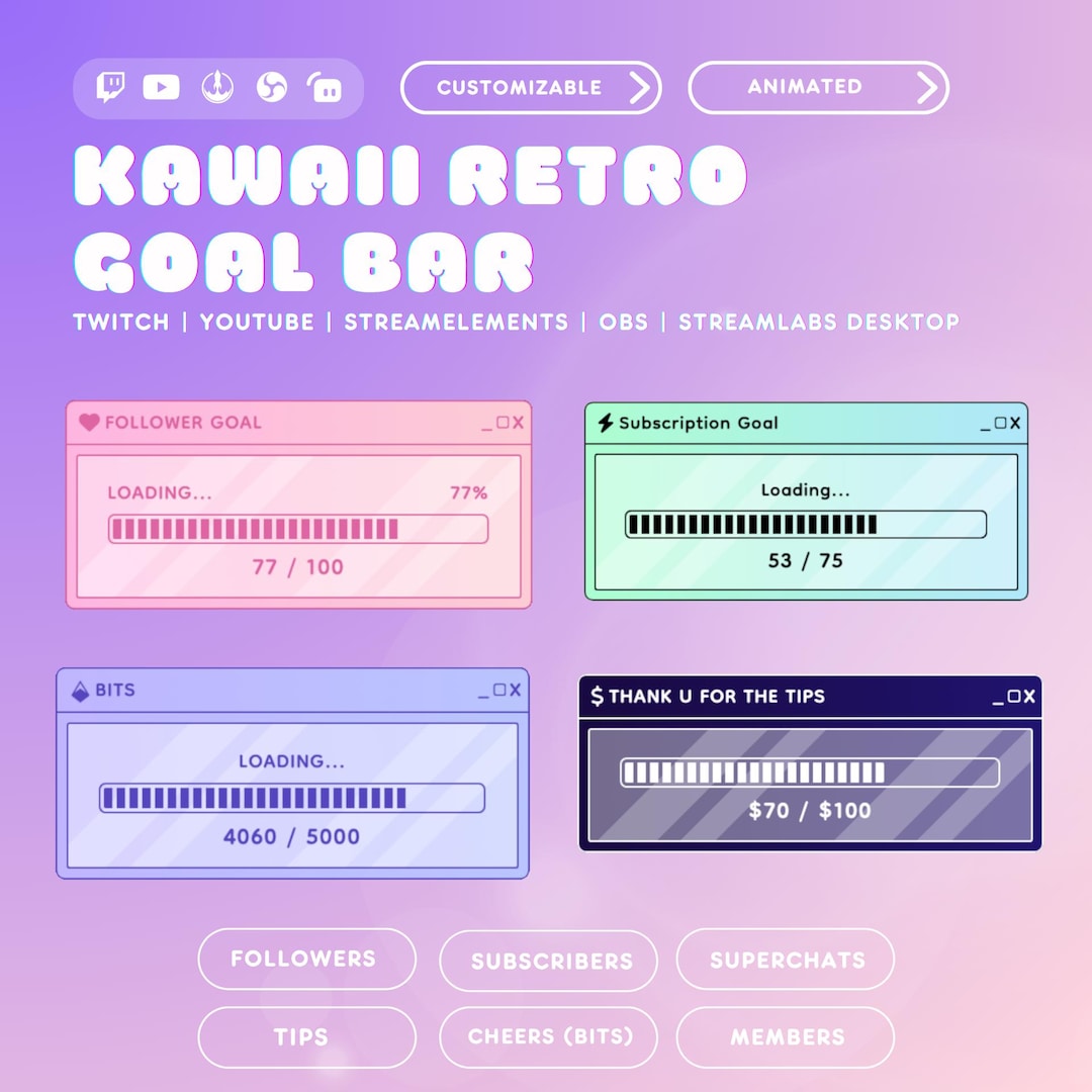 Twitch Goal Bar Widget for Streamelements OBS Youtube | Cute Animated ...