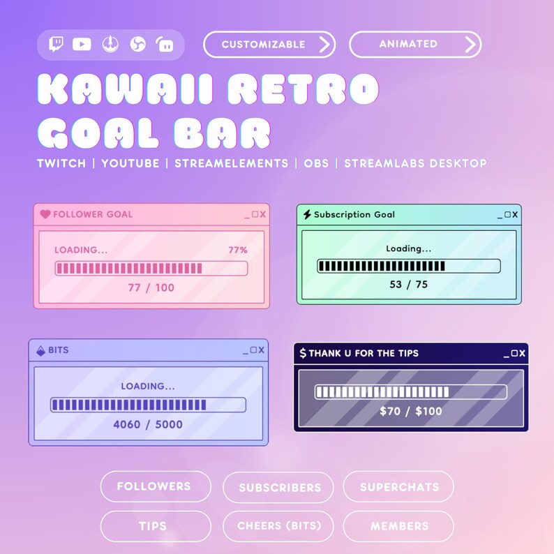 Twitch Goal Bar Widget for Streamelements OBS Youtube | Cute Animated ...
