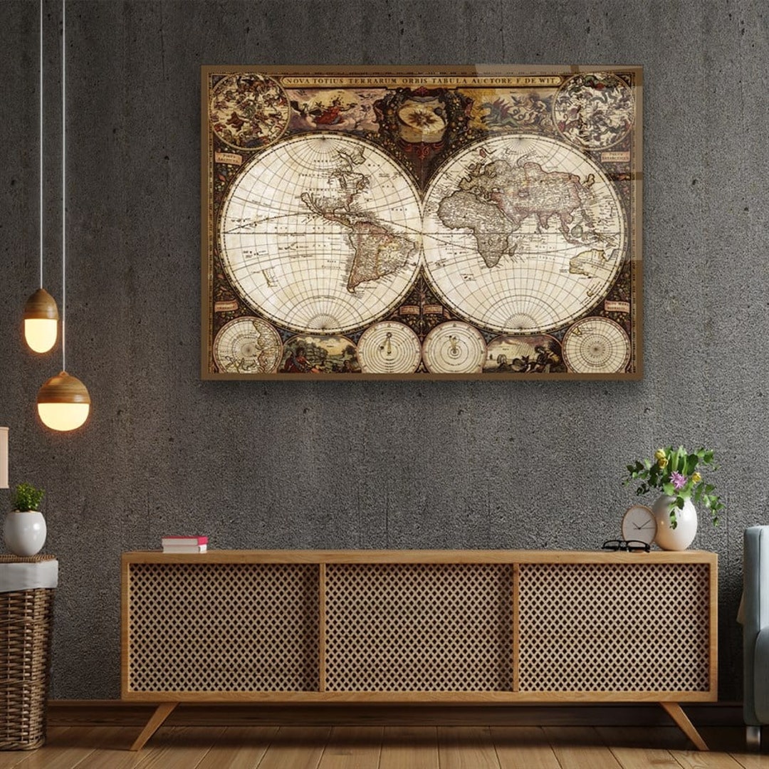 Tempered Glass World Map Wall Art, Vintage Style - Etsy