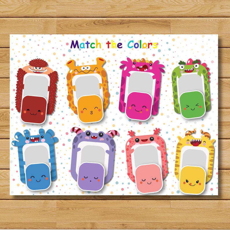 Cute Monster Color Matching Game, Toddler Learning (PDF) - Etsy