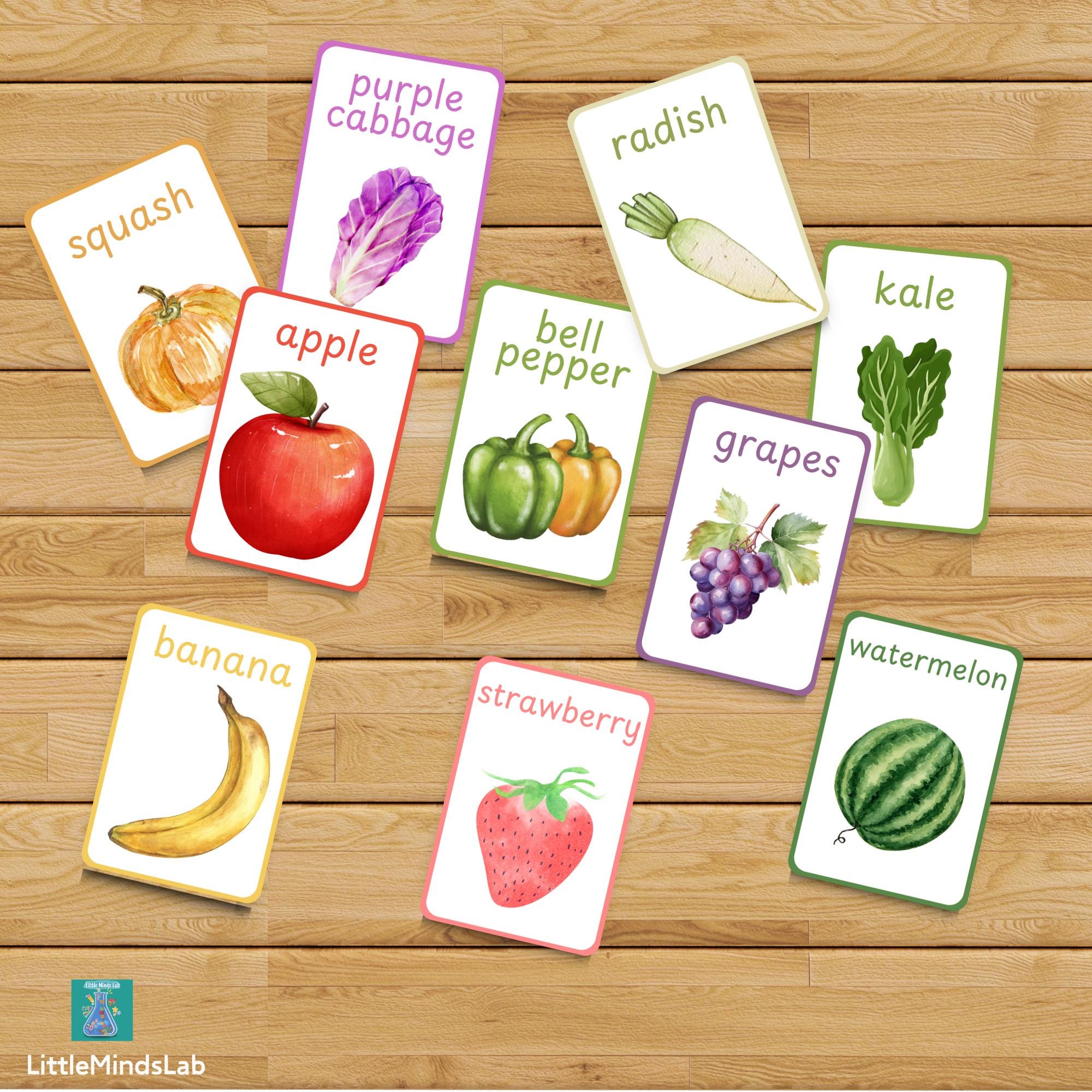 Fruits and Vegetables Flashcards, Preschool Toddler Kindergarten ...