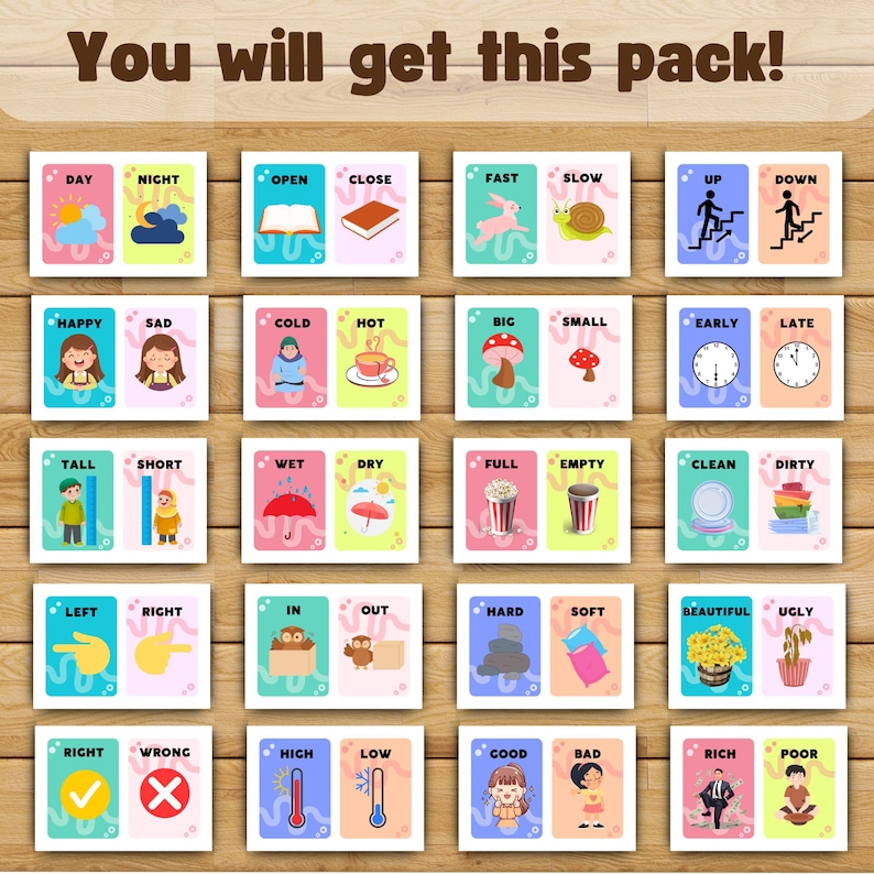 Opposites Matching Flashcards, Printable Vocabulary Activity, Pairing ...