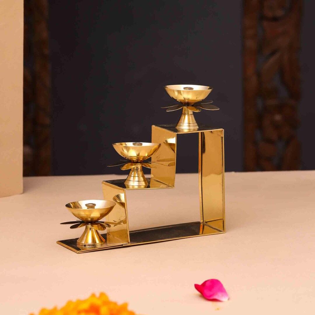 Brass Three Step Decorative Akhand Diya(5 Inch) Exquisite Handcrafted ...