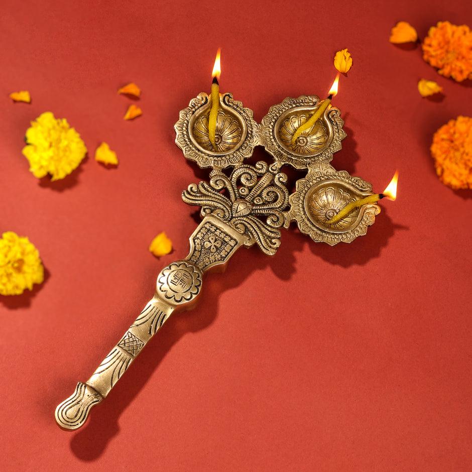 Brass Three Petal Pooja Spoon 13 Inch. Brass Pooja Spoon Three Oil Wick ...