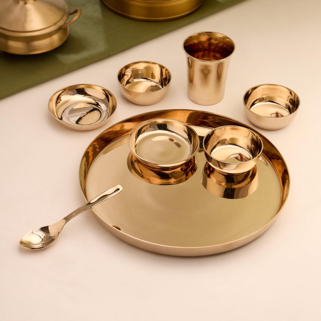 Kansa Thali Set (8 Pcs) Pure Kansa Bronze Solid Dinner Set - 8 Pcs ...