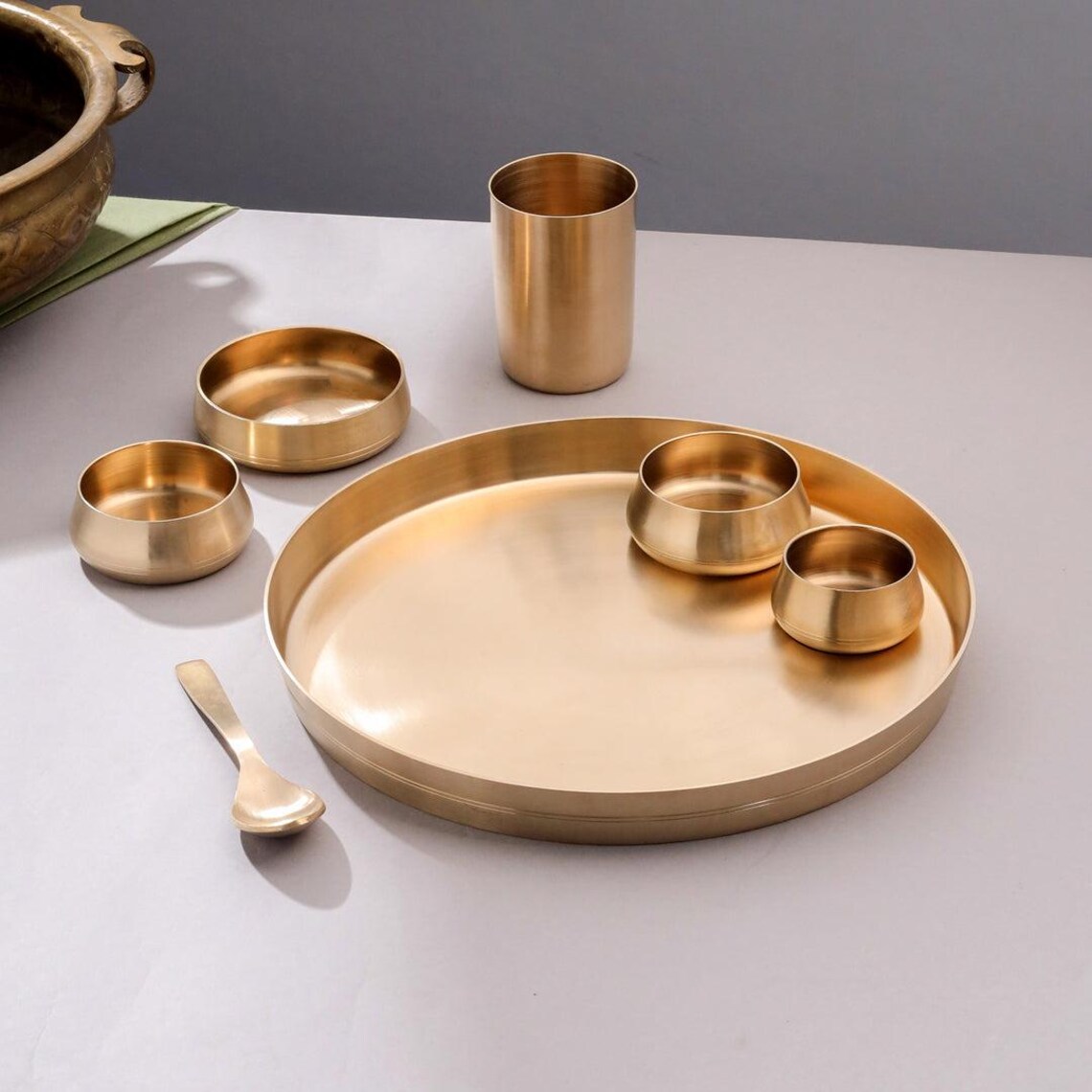 Brass Thali Set Pure Brass 6 Pieces Dinner Set of 1 Plate, 1 Glass, 1 Spoon, 1 Small Plate & 2 ...
