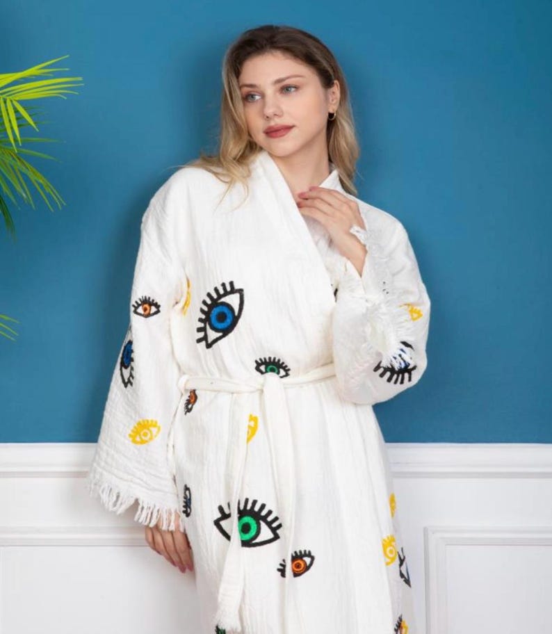 ORGANIC COTTON ROBE White With Evil Eye Print - Etsy