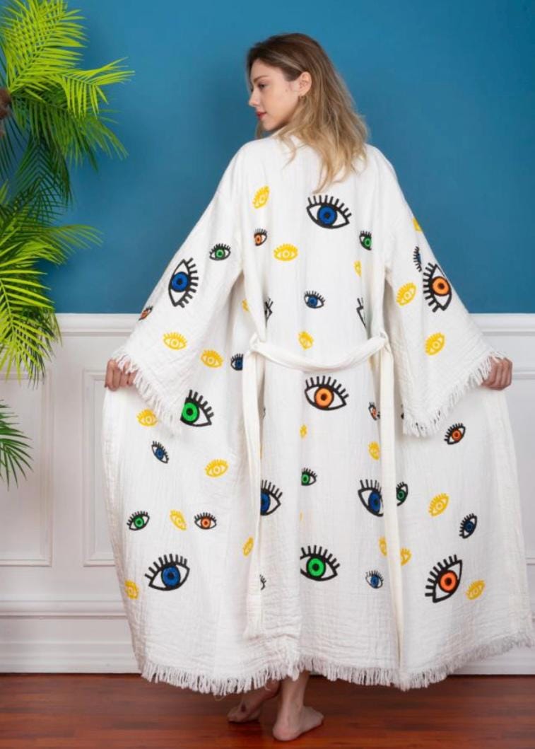 ORGANIC COTTON ROBE White With Evil Eye Print - Etsy