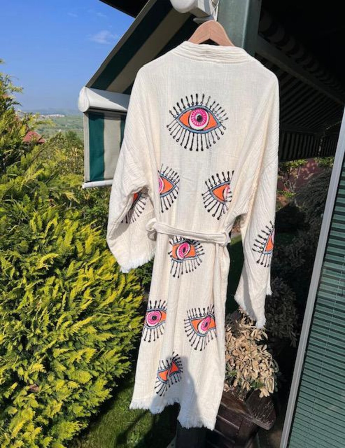 ORGANIC COTTON ROBE White With Evil Eye Print With Eyelashes - Etsy