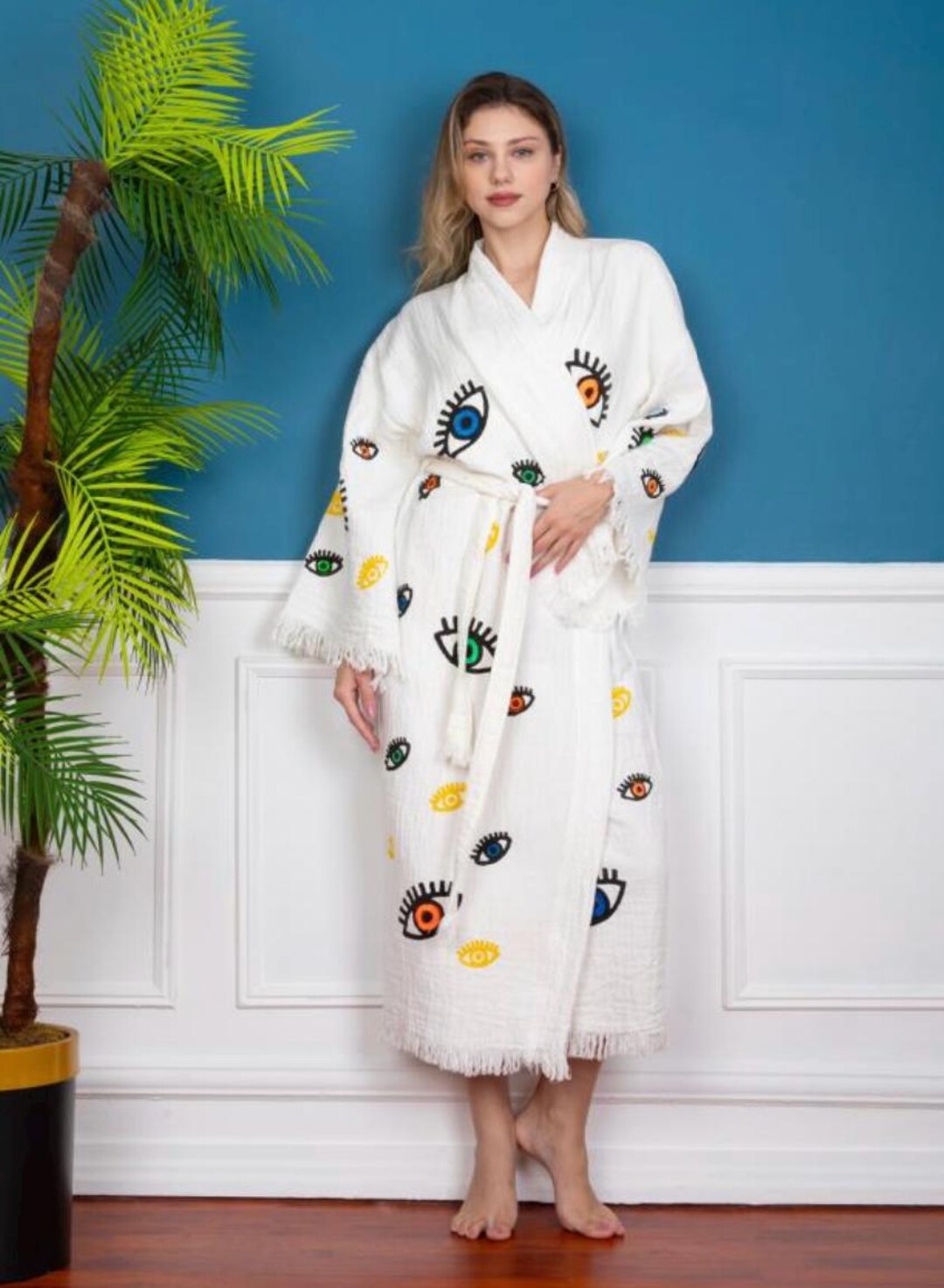 ORGANIC COTTON ROBE White With Evil Eye Print - Etsy