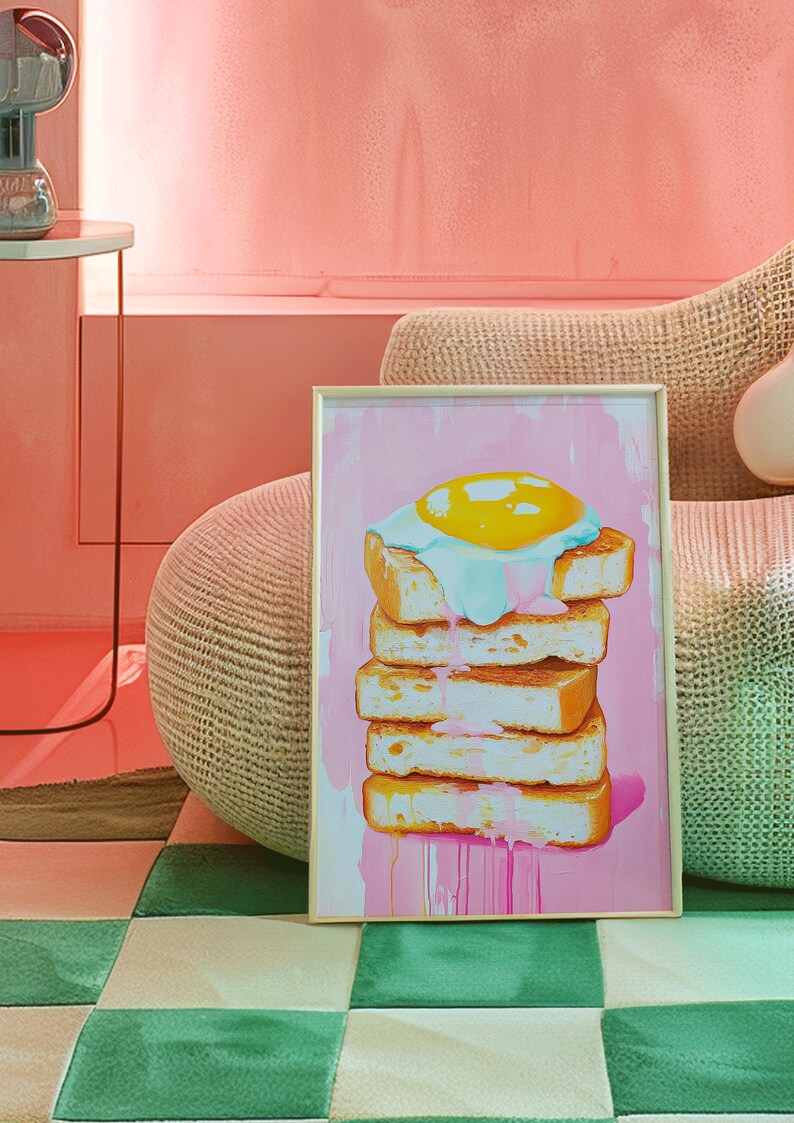 Arte de parede com ovo e torrada, estampa rosa para cozinha, pôster ...