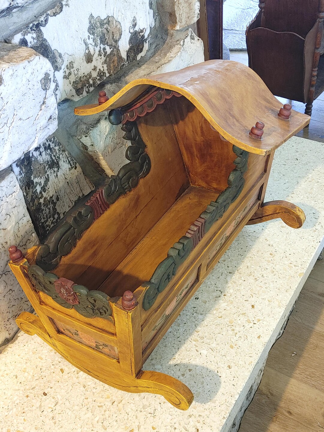 Antique Colonial Rustic Ornately Carved and Painted Wooden Rocking Baby Cradle - Etsy