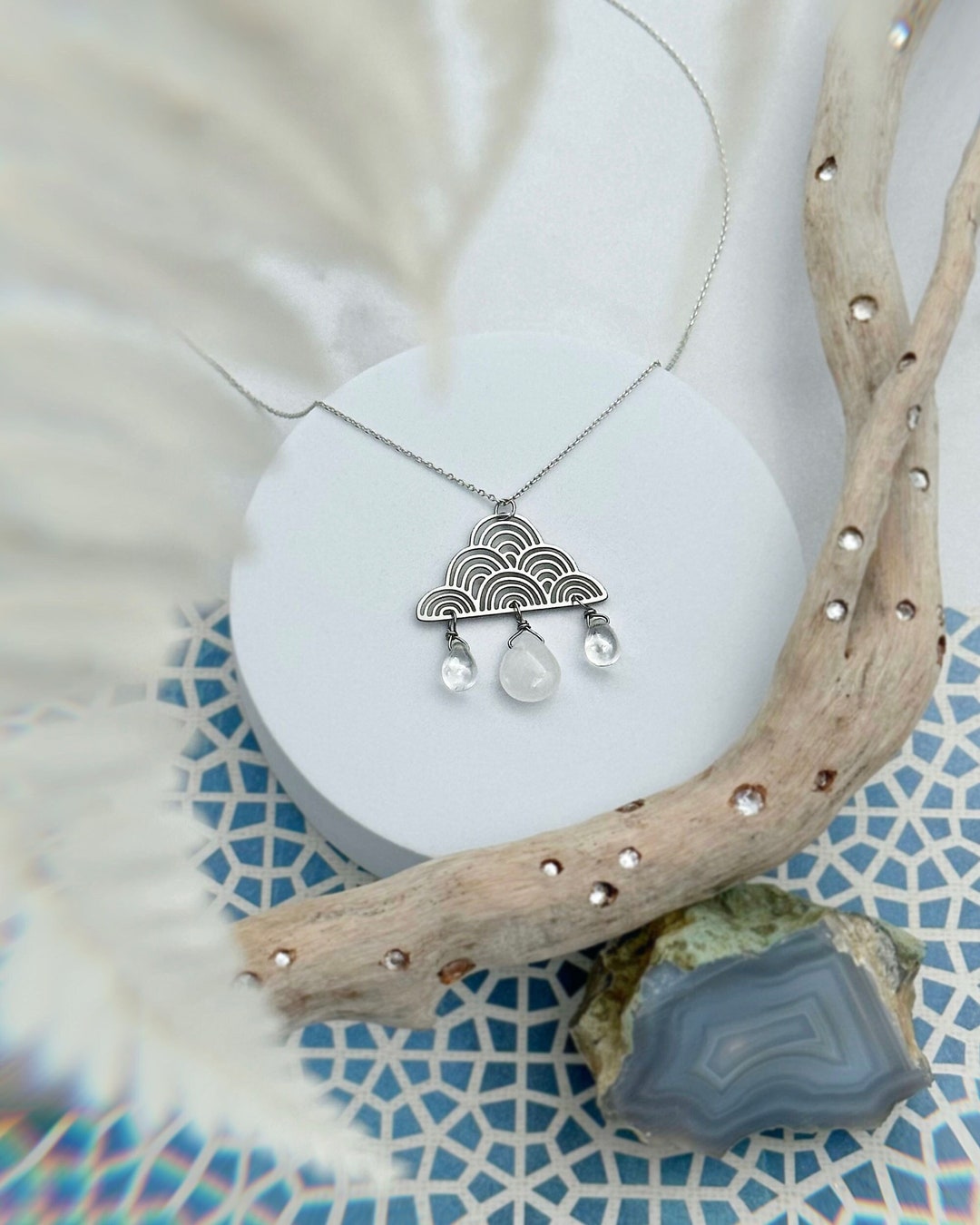 Limited Edition Rain Cloud Necklace With Quartz and Glass Raindrop ...