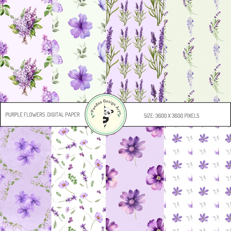 Purple Flower Digital Paper Pack, Seamless Purple Flowers Pattern ...