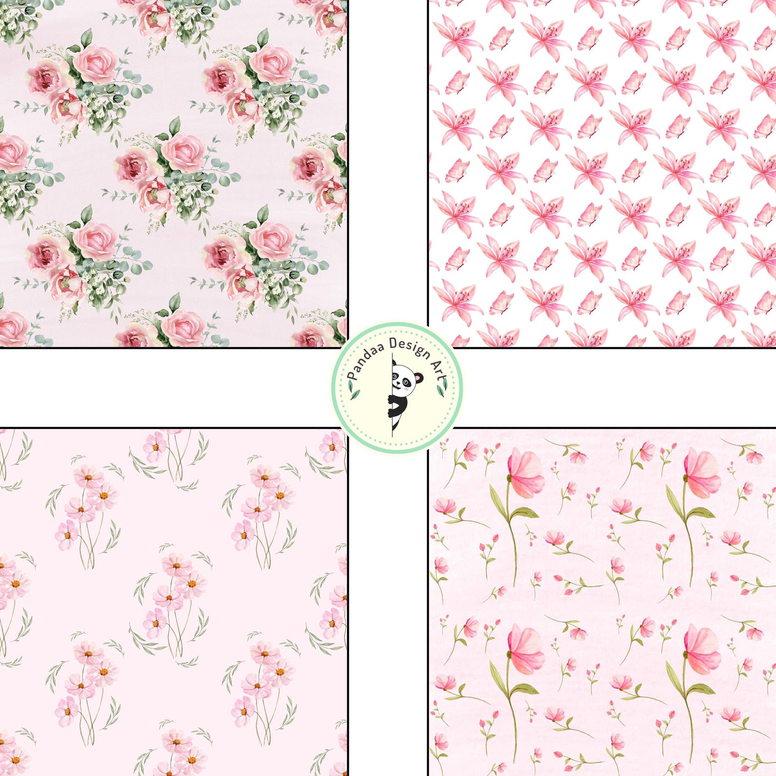 Pink Flower Digital Paper Pack, Seamless Pink Flowers Pattern ...