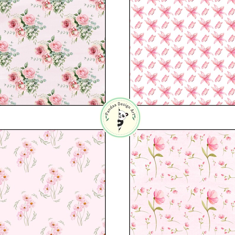 Pink Flower Digital Paper Pack, Seamless Pink Flowers Pattern ...