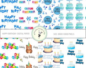 Happy Birthday Digital Paper, Blue Birthday Digital Paper, Happy ...