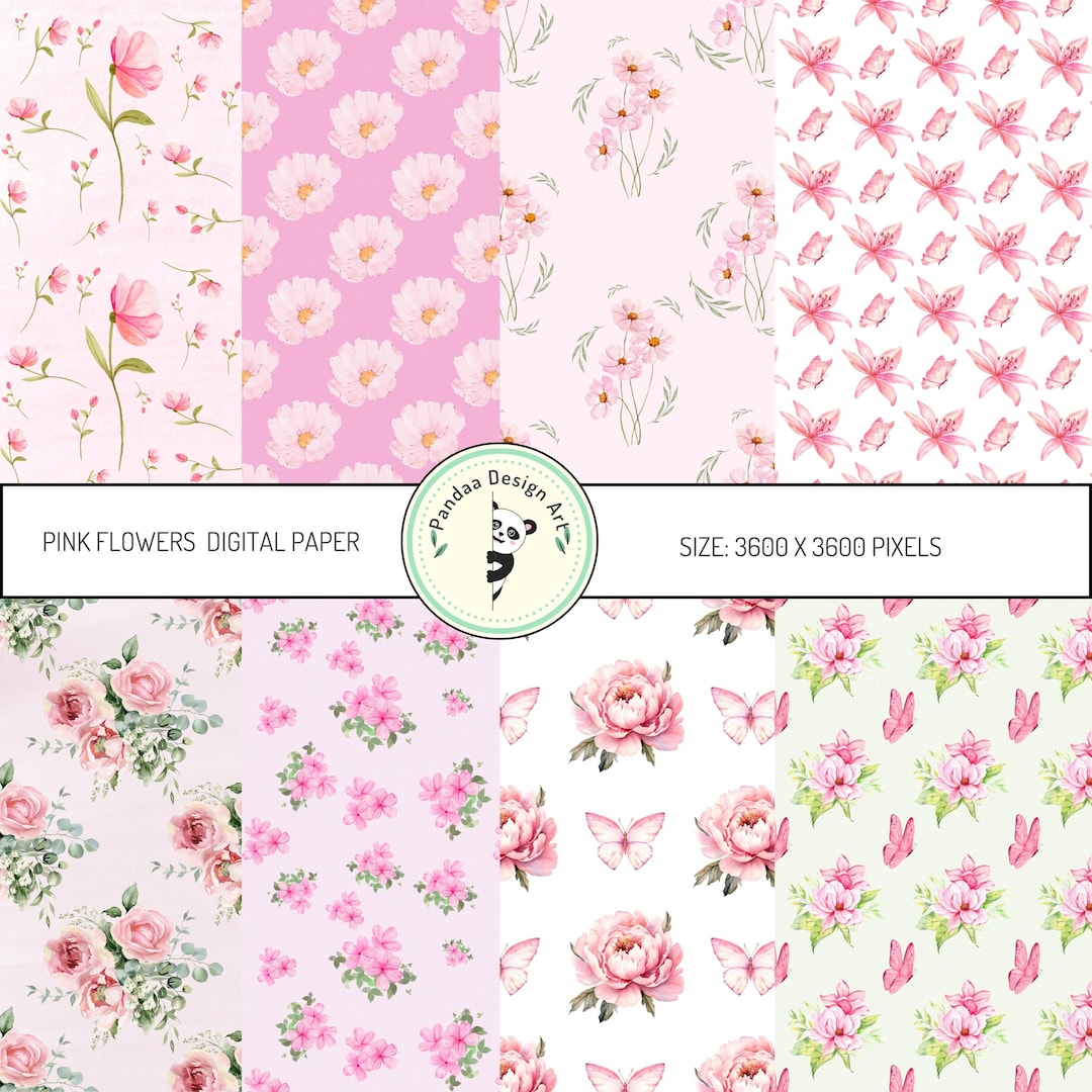 Pink Flower Digital Paper Pack, Seamless Pink Flowers Pattern ...
