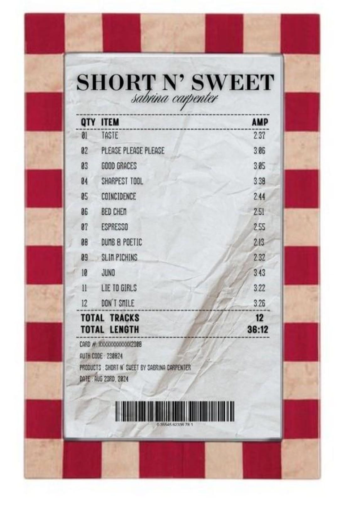 Short N' Sweet by Sabrina Carpenter Receipt Poster Ready to Download - Etsy