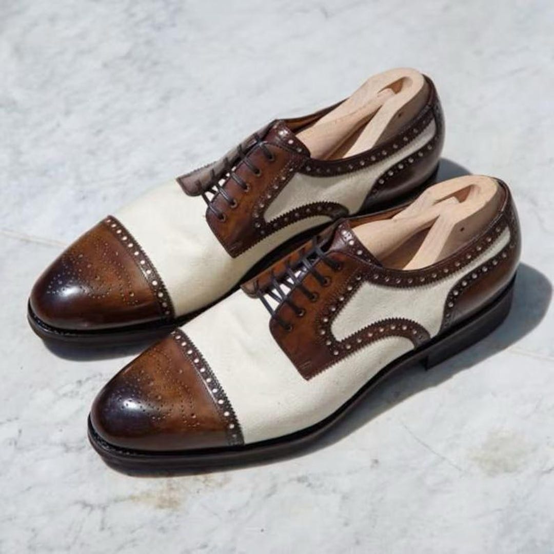 New Bespoke Handmade Men's Cream and Brown Patina Leather Oxford Shoe ...