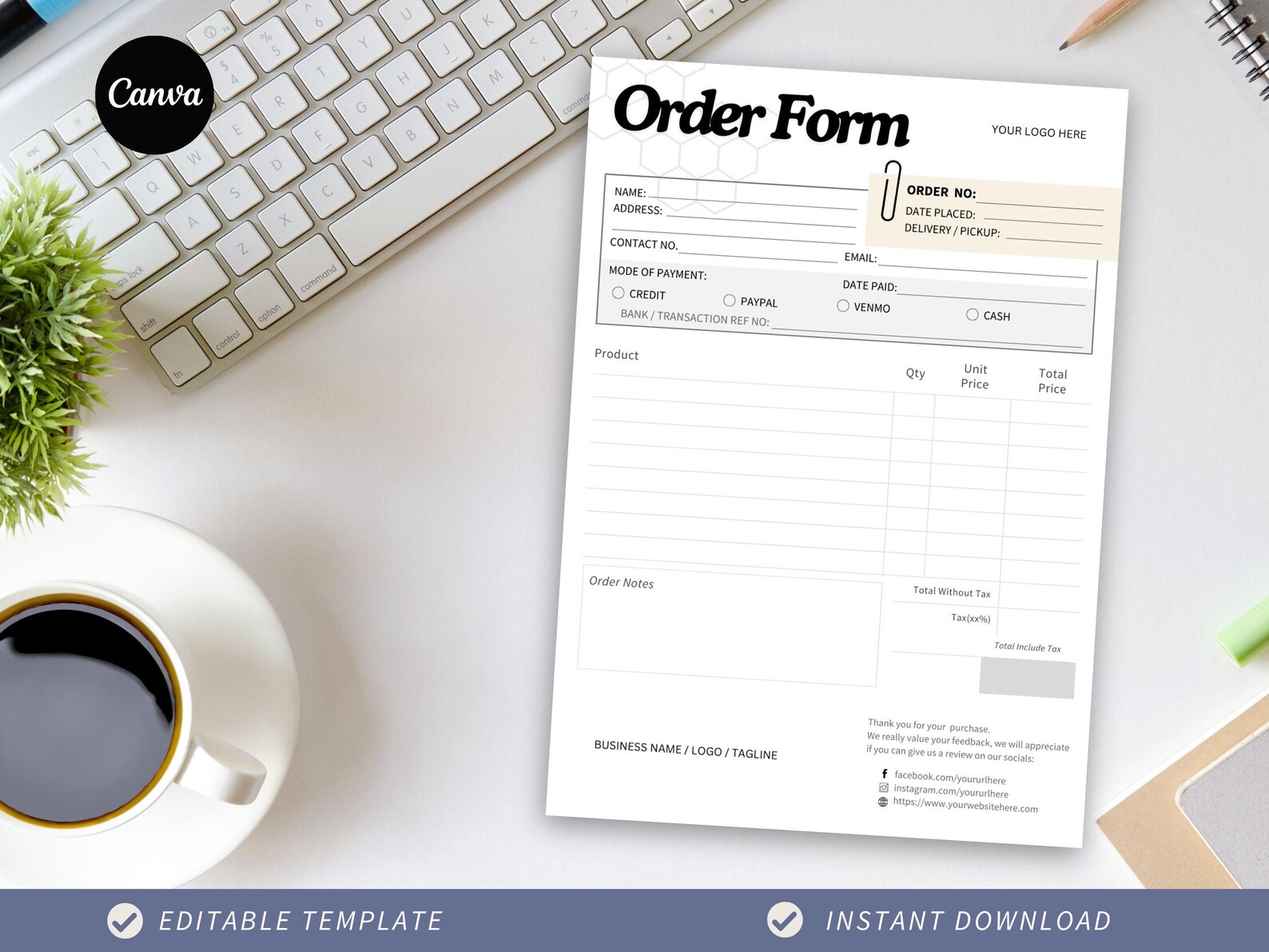 Printable Invoice Template Editable Business Order Forms for Small ...