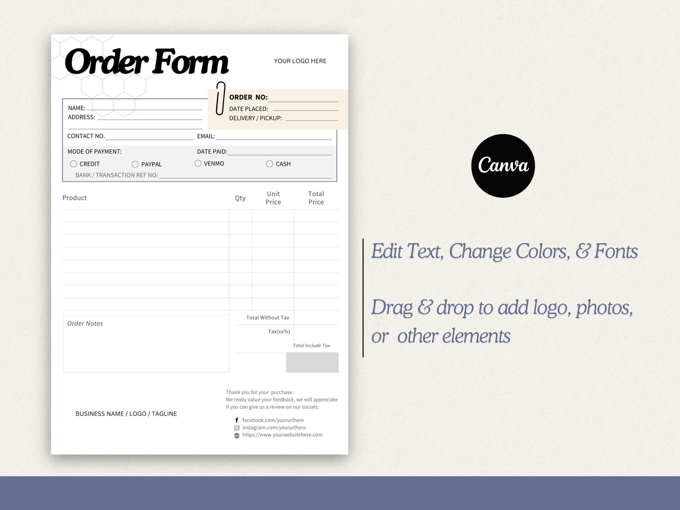 Printable Invoice Template Editable Business Order Forms for Small ...
