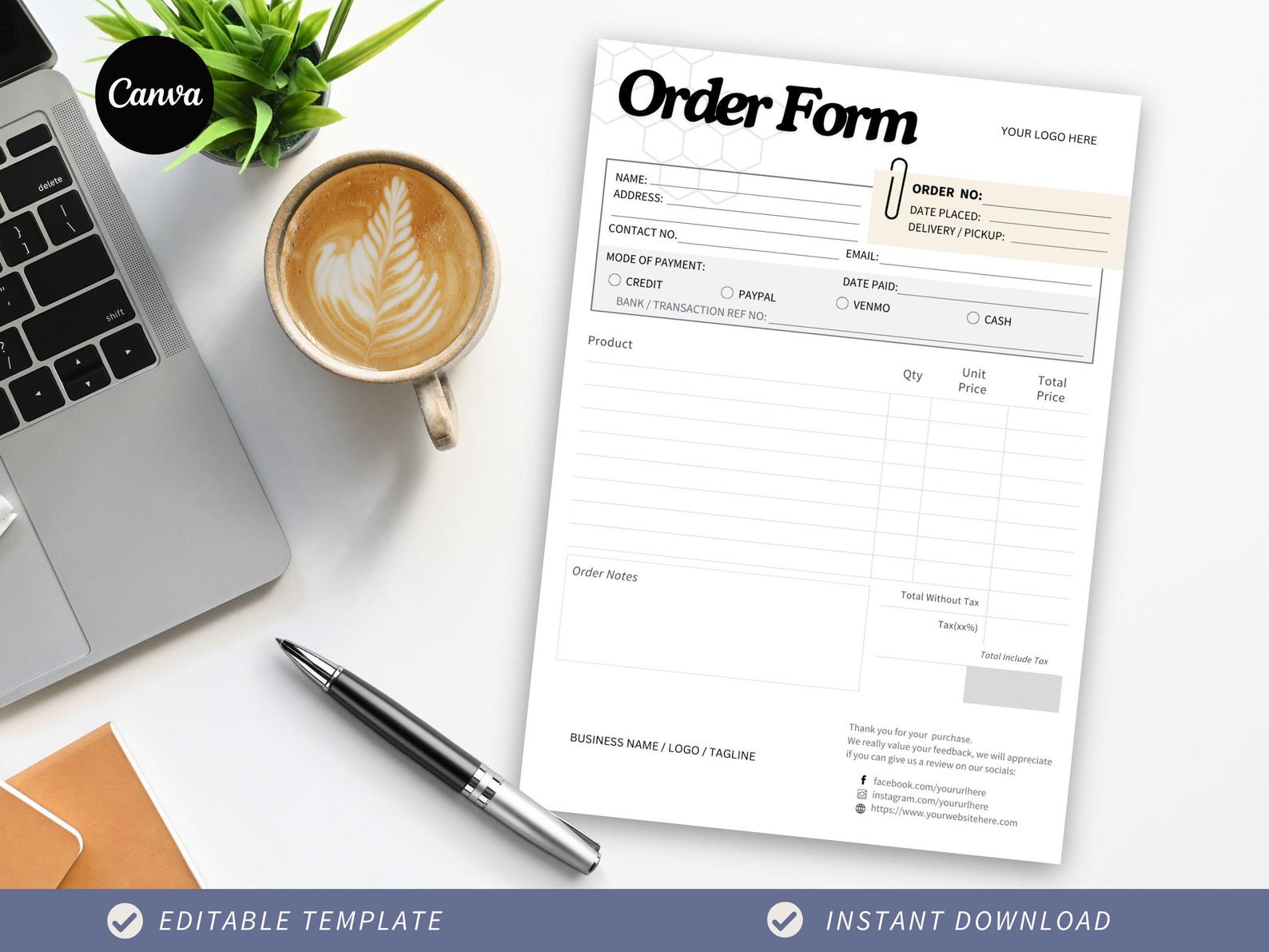 Printable Invoice Template Editable Business Order Forms for Small ...