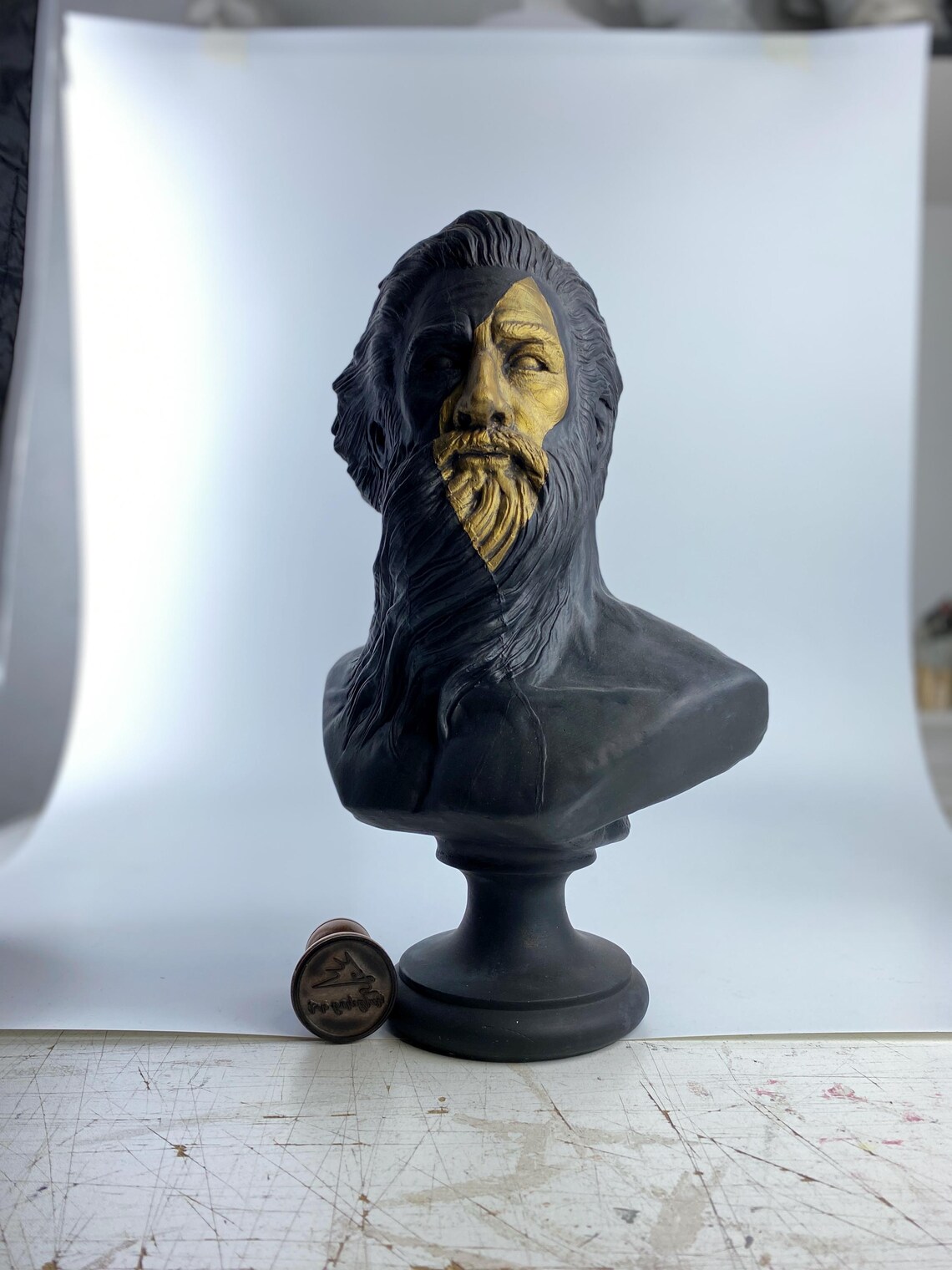 Poseidon Pop Art Sculpture, Poseidon Gold Scar Sculpture Decor, Black ...