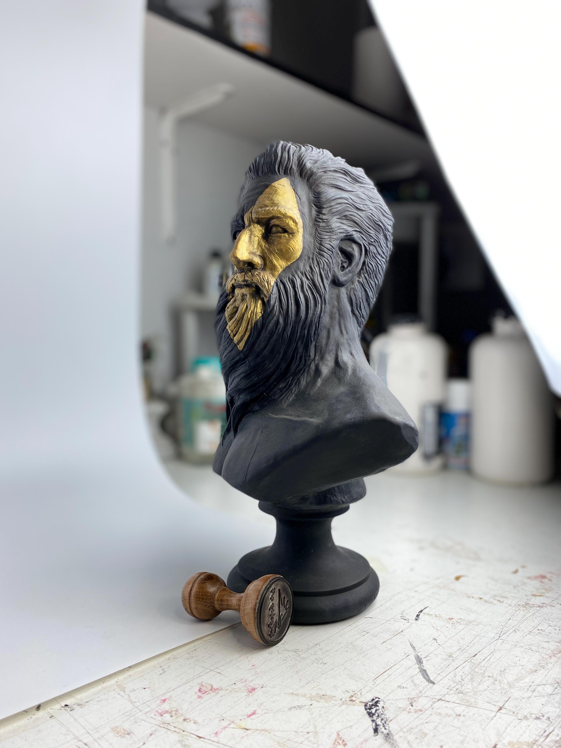 Poseidon Pop Art Sculpture, Poseidon Gold Scar Sculpture Decor, Black ...